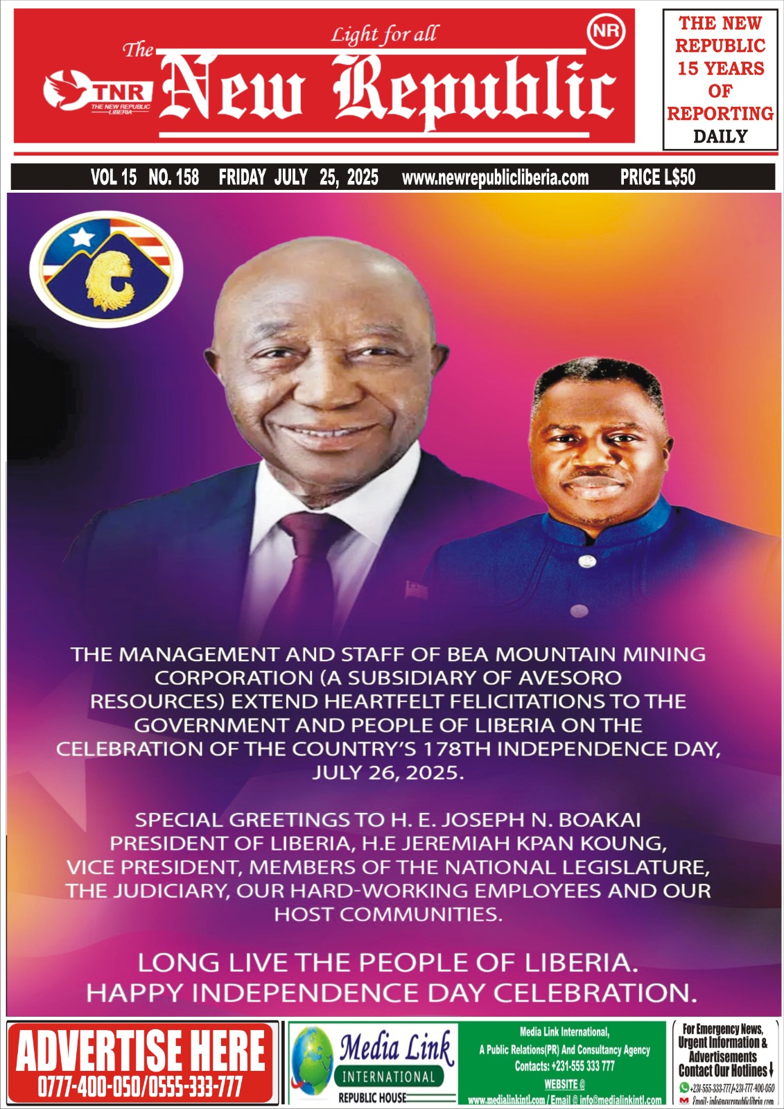 Bea Mountan Independence Message - The New Republic Liberia